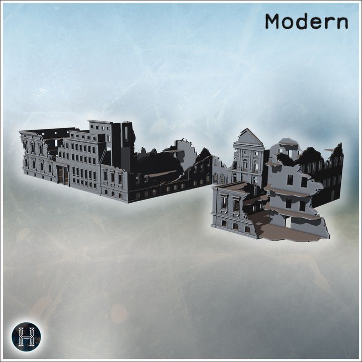 3D Printable Extensive L shaped block of bombed urban buildings showing ...