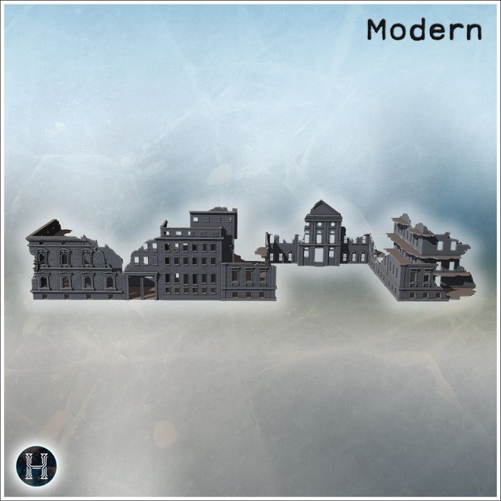 3D Printable Extensive L shaped block of bombed urban buildings showing ...