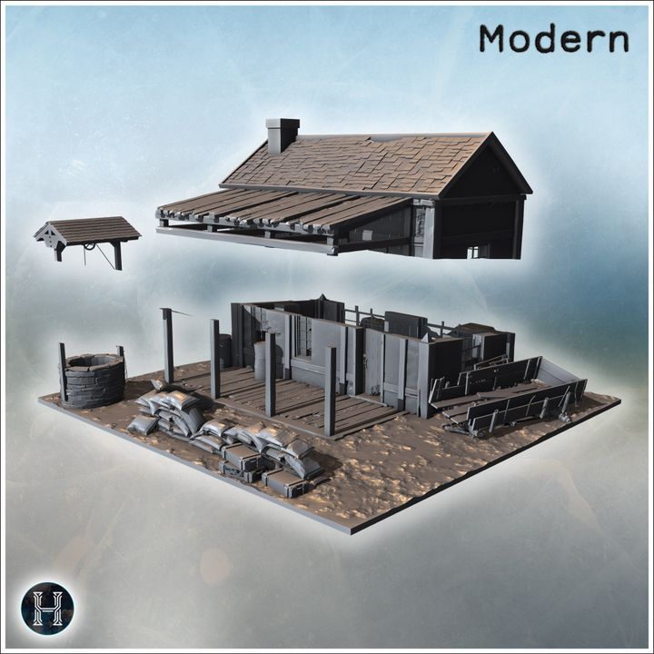 3D Printable Small wooden workshop building with damaged roof, open ...