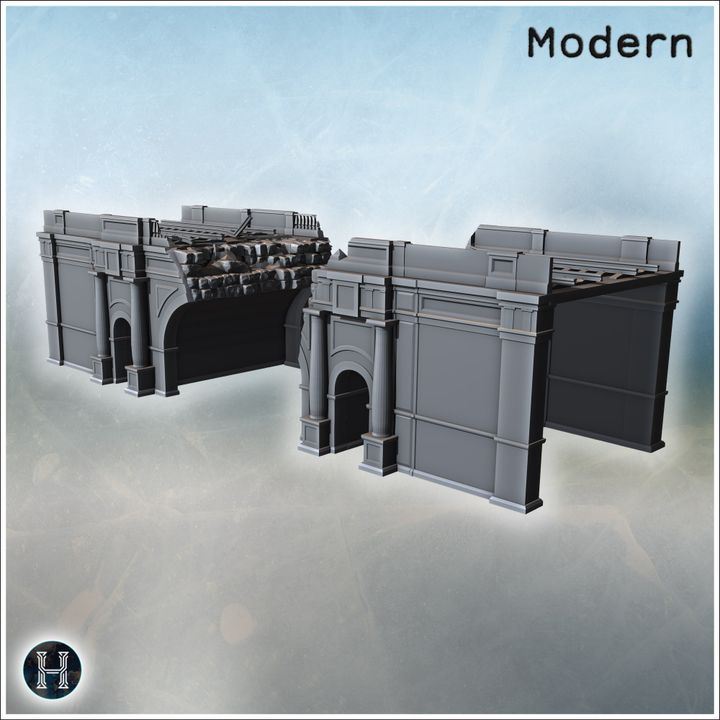 3D Printable Bomb damaged viaduct fragment retaining fluted columns and ...