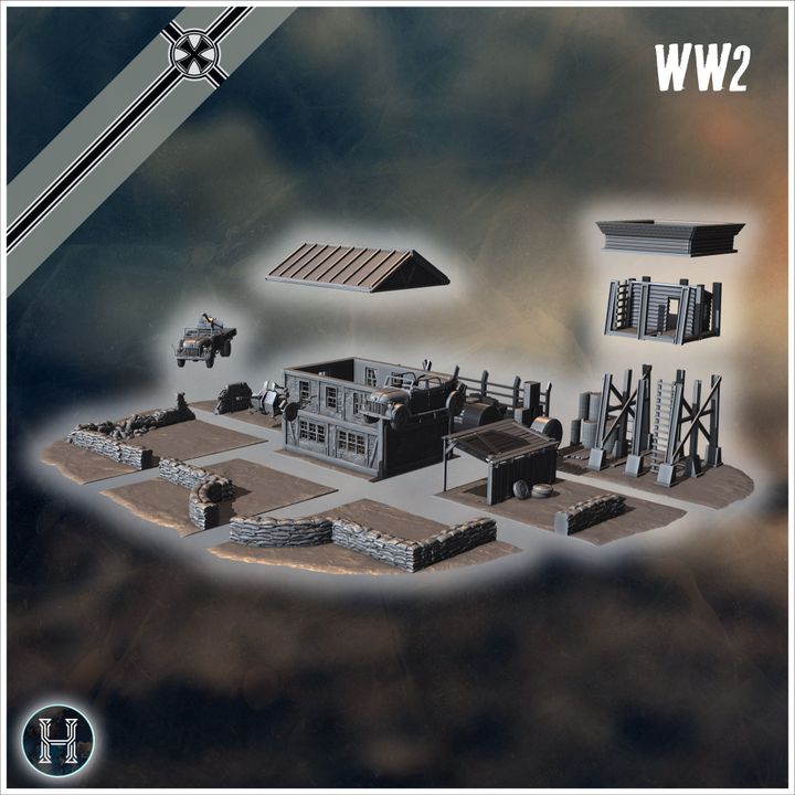 3D Printable German WW2 outpost with guard tower, house, sandbag, Flak ...