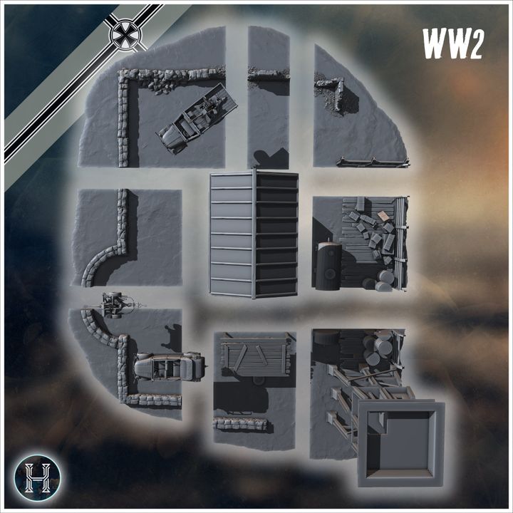 3D Printable German WW2 outpost with guard tower, house, sandbag, Flak ...