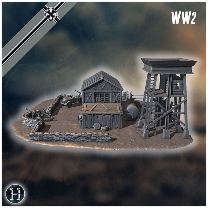 3D Printable German WW2 outpost with guard tower, house, sandbag, Flak ...