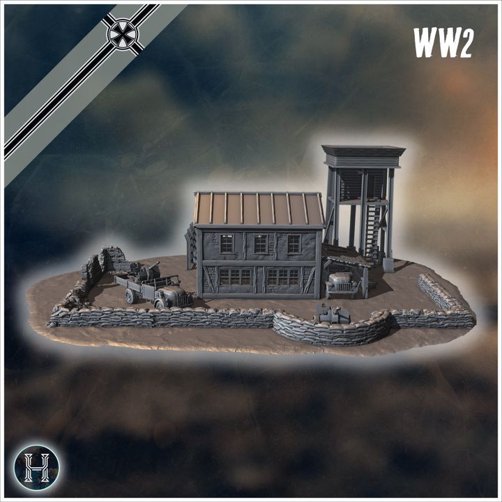 3D Printable German WW2 outpost with guard tower, house, sandbag, Flak ...