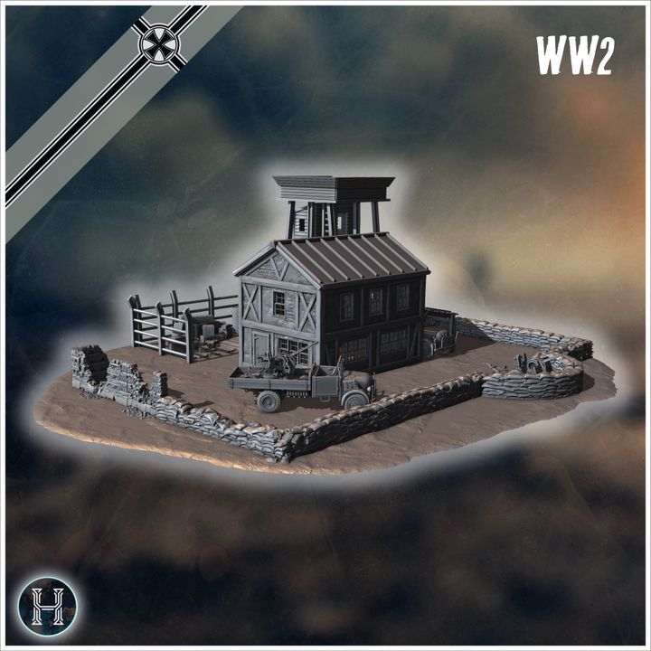 3D Printable German WW2 outpost with guard tower, house, sandbag, Flak ...