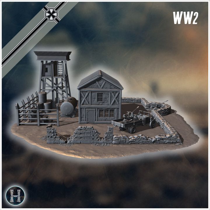 3D Printable German WW2 outpost with guard tower, house, sandbag, Flak ...