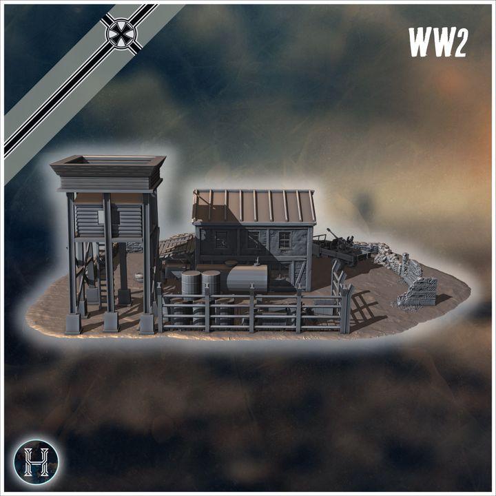 3D Printable German WW2 outpost with guard tower, house, sandbag, Flak ...