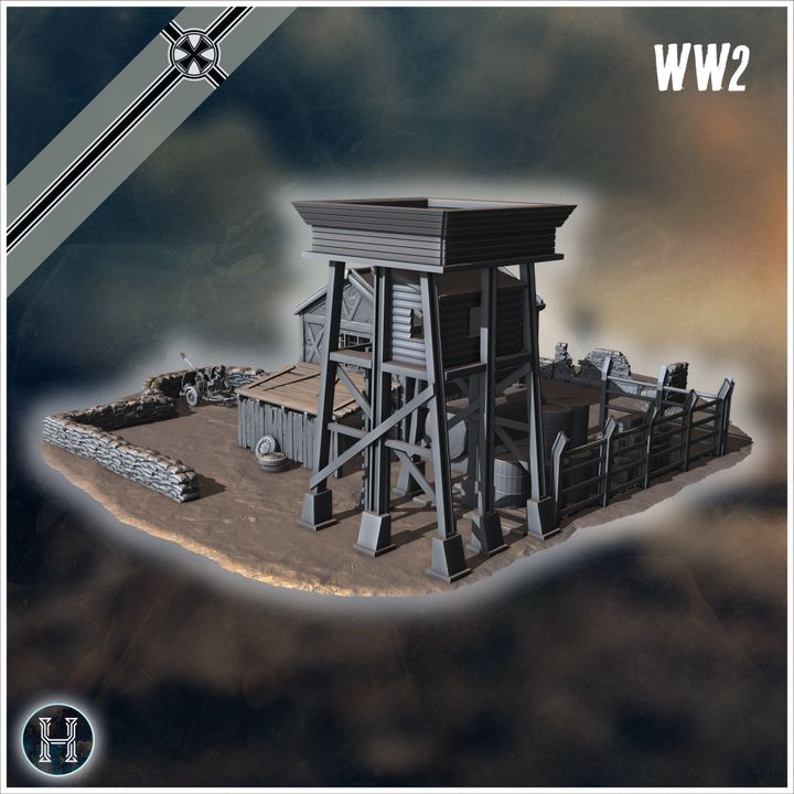 3D Printable German WW2 outpost with guard tower, house, sandbag, Flak ...