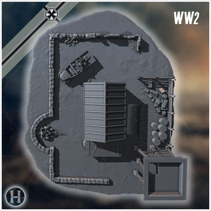 3D Printable German WW2 outpost with guard tower, house, sandbag, Flak ...