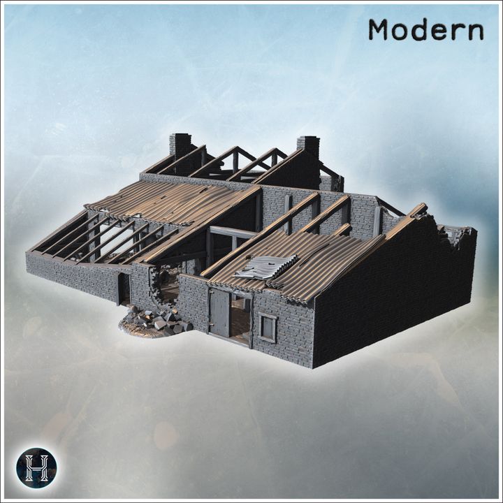 3D Printable Large stone house lies partially collapsed, corrugated ...