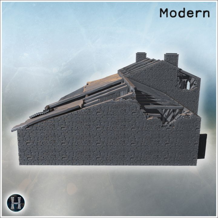 3D Printable Large stone house lies partially collapsed, corrugated ...