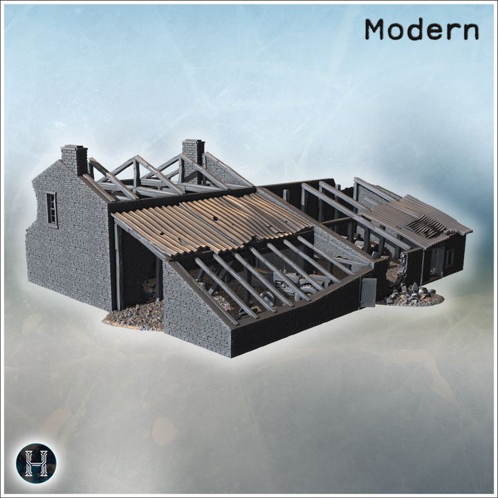 3D Printable Large stone house lies partially collapsed, corrugated ...