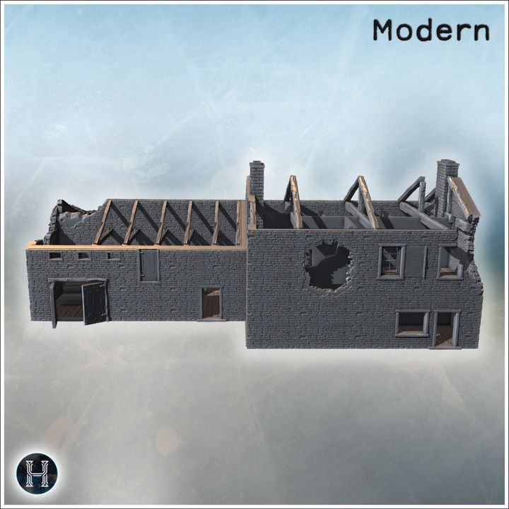 3D Printable Large stone house lies partially collapsed, corrugated ...