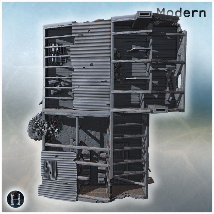 3D Printable Large stone house lies partially collapsed, corrugated ...