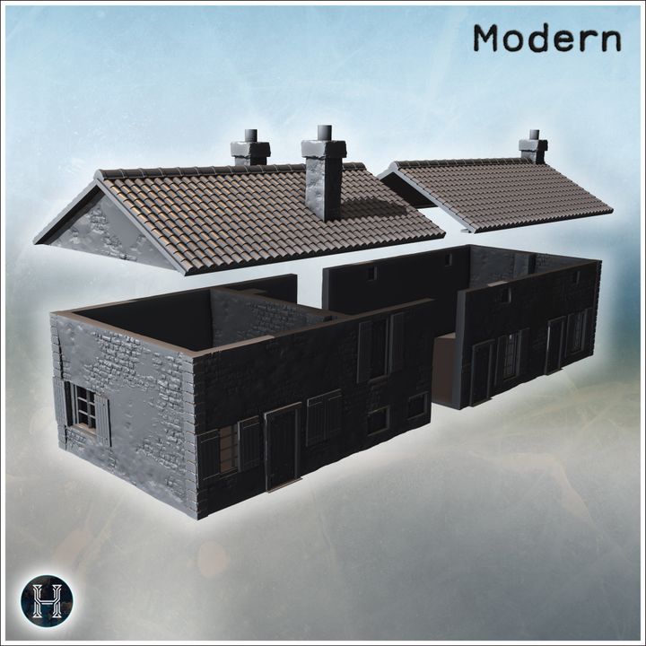 3D Printable Long single storey farmhouse row with weathered stucco ...