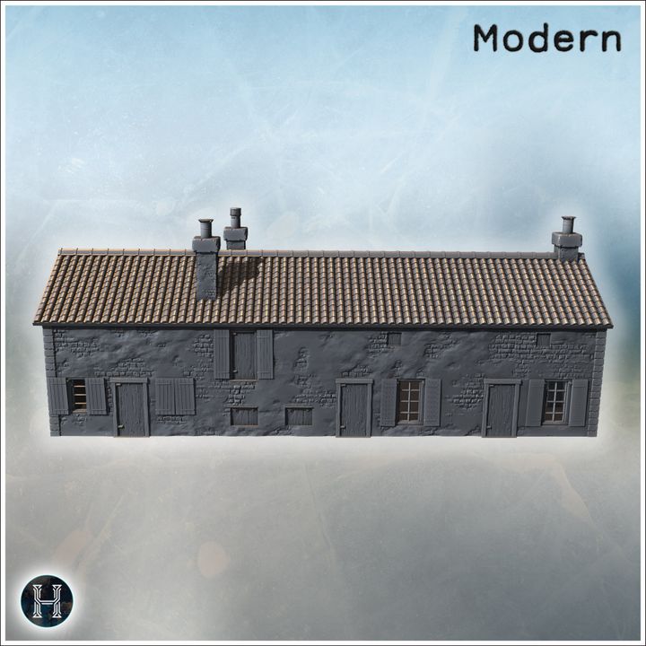 3D Printable Long single storey farmhouse row with weathered stucco ...