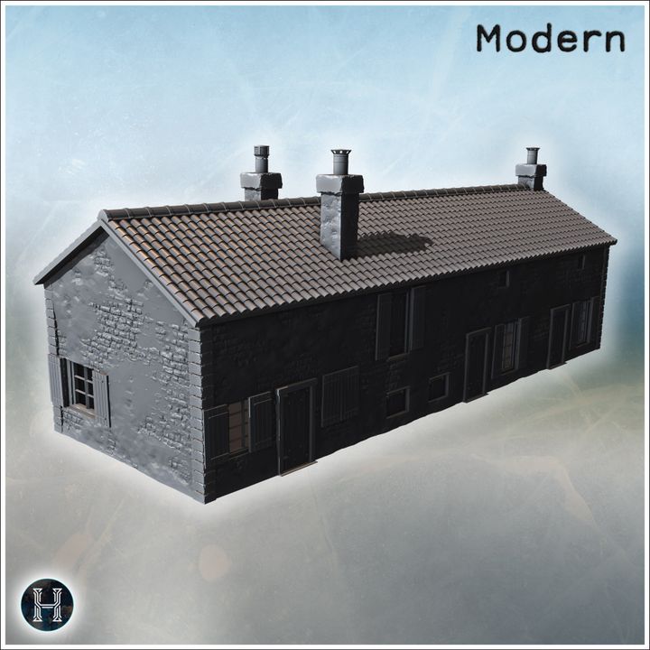 3D Printable Long single storey farmhouse row with weathered stucco ...