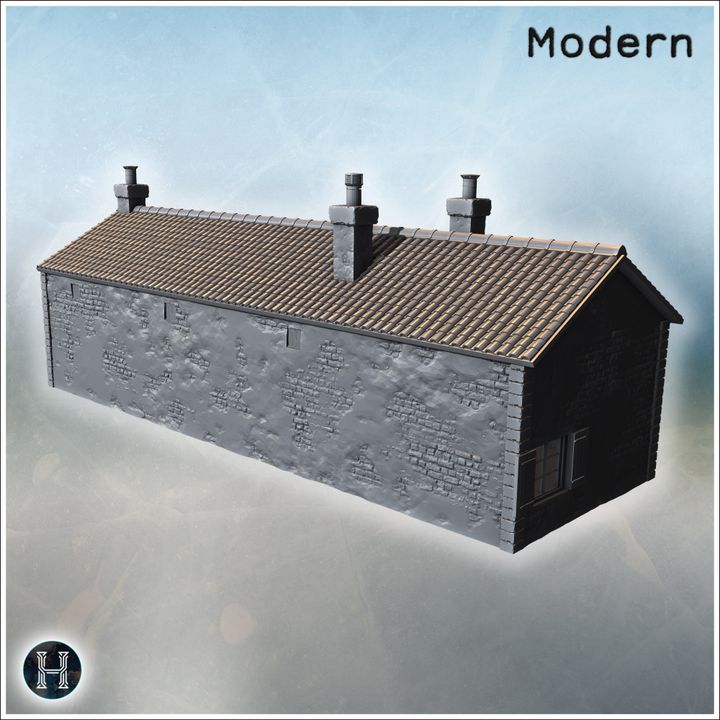 3D Printable Long single storey farmhouse row with weathered stucco ...