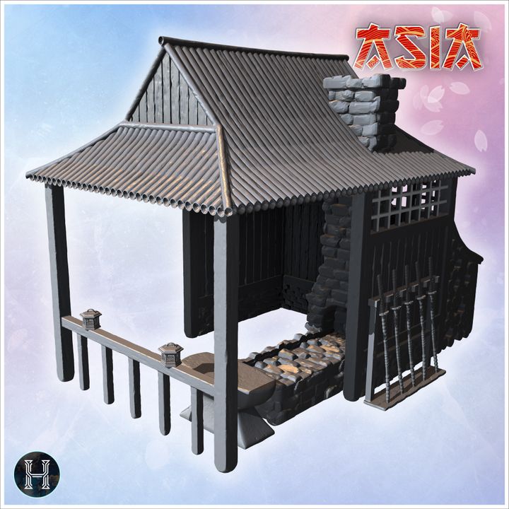 3D Printable Japanese blacksmith workshop featuring swords displayed on ...