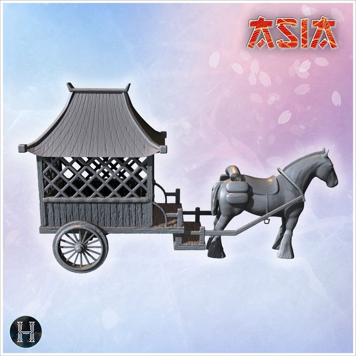 3D Printable Asian horse-drawn wooden carriage featuring decorative ...