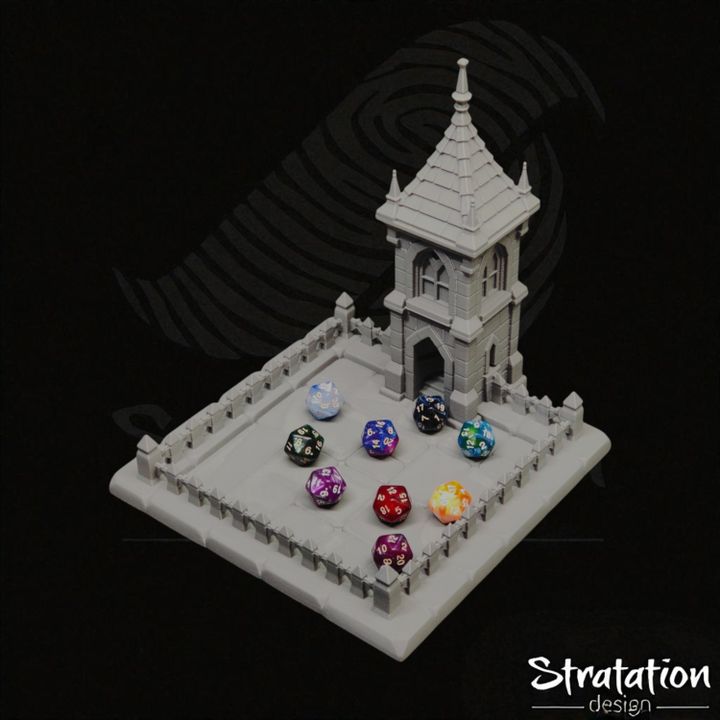 3D Printable Gothic Turret Dice Tower by Stratation Design