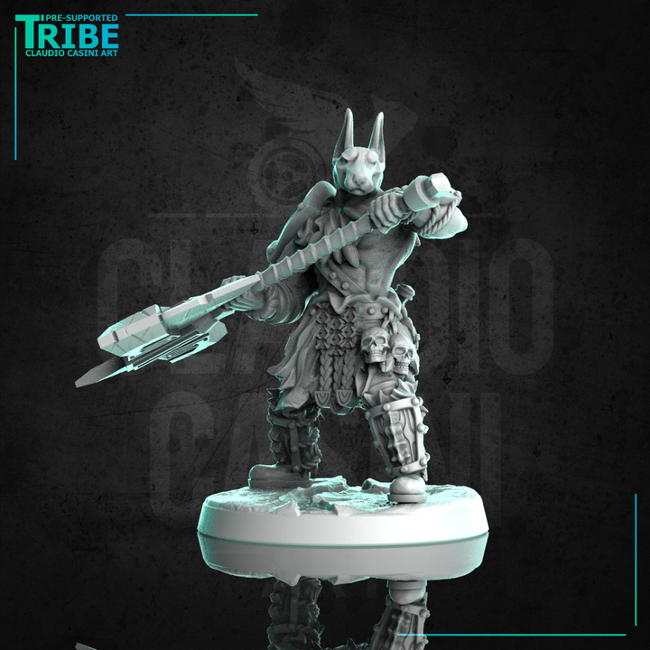 3D Printable (0283) Male dog man barbarian with stick with two hand axe ...