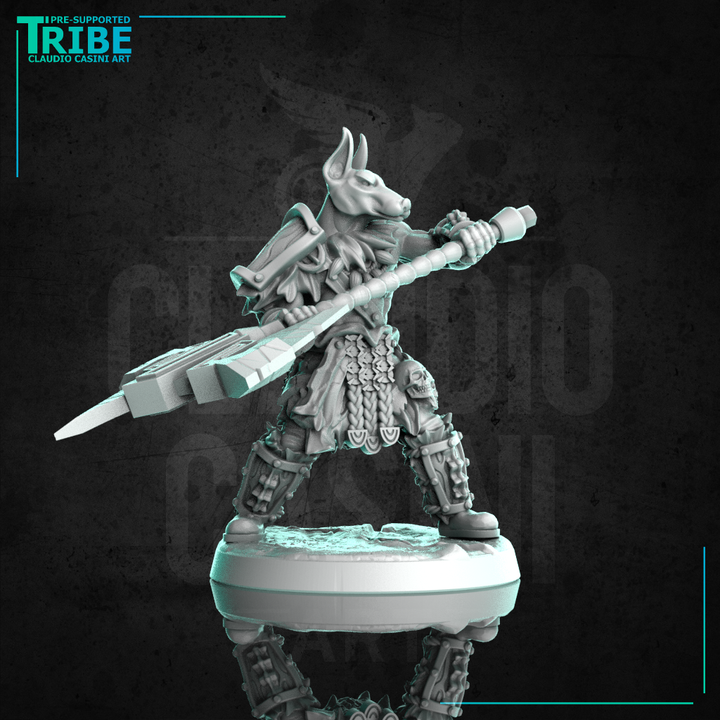 3D Printable (0283) Male dog man barbarian with stick with two hand axe ...