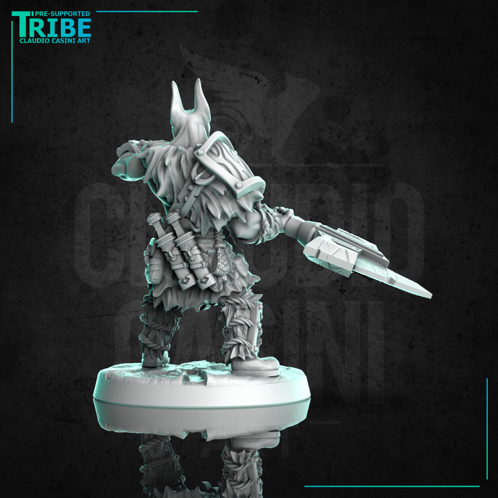 3D Printable (0283) Male dog man barbarian with stick with two hand axe ...