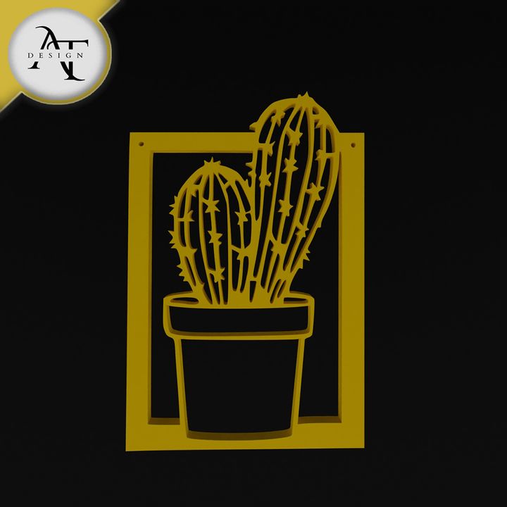 3D Printable Cactus in pot - 2D Wall Art Decor by AT Design