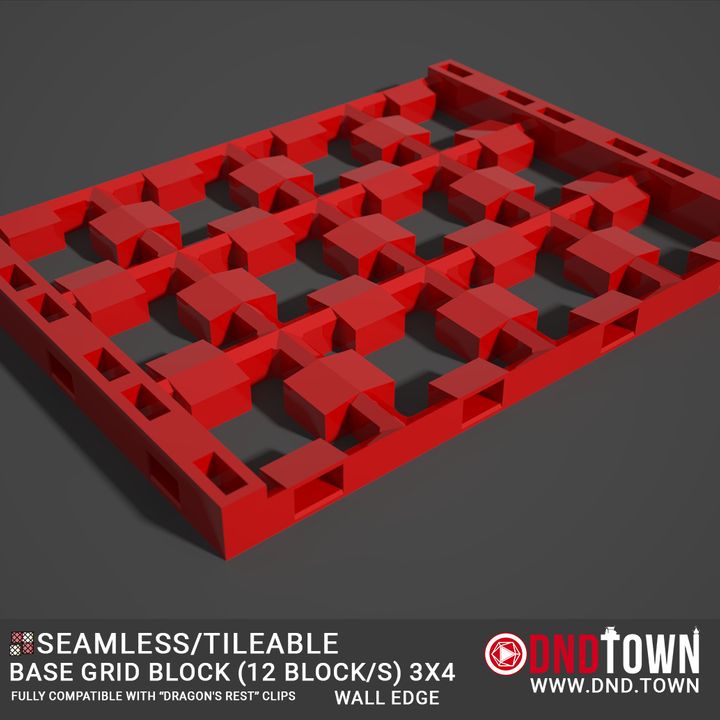 3D Printable Base Grid Block 3x4 - (12 Block/s) ENCLOSED Wall Edge ...