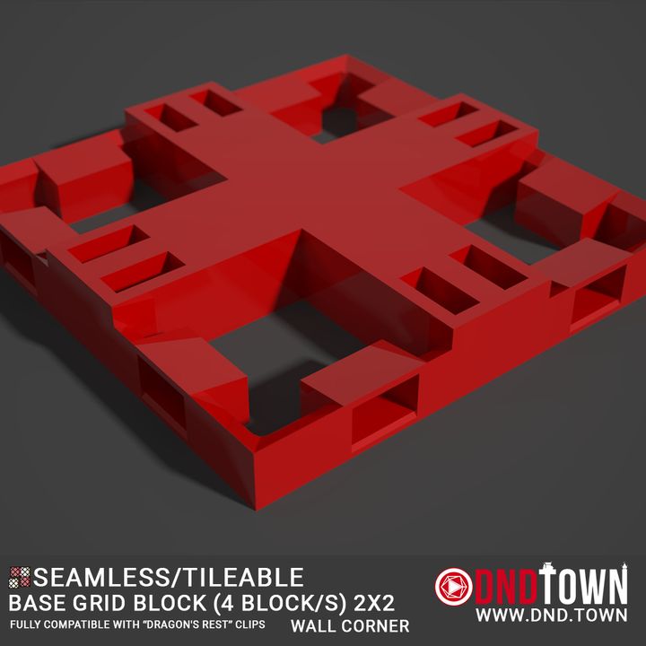 3D Printable Base Grid Block 2x2 - (4 Block/s) CROSS Wall Corner - (Low ...