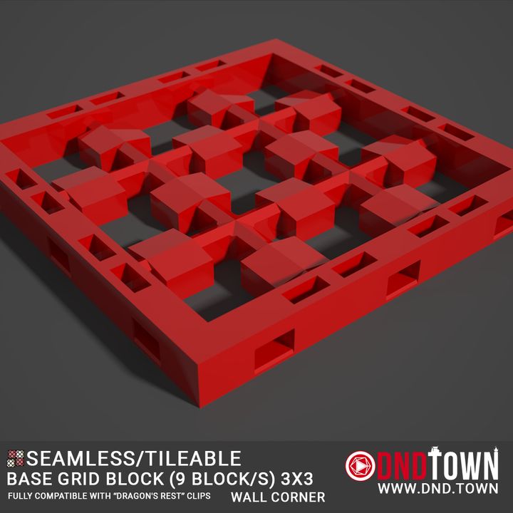 3D Printable Base Grid Block 3x3 - (9 Block/s) ENCLOSED Wall Corner ...