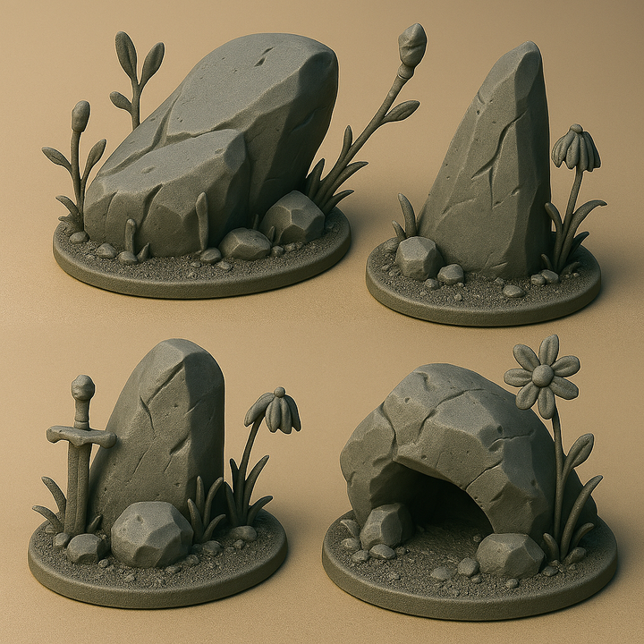 3D Printable 32mm Fantasy Markers Set – Rocks, Sword & Flowers by WarForge