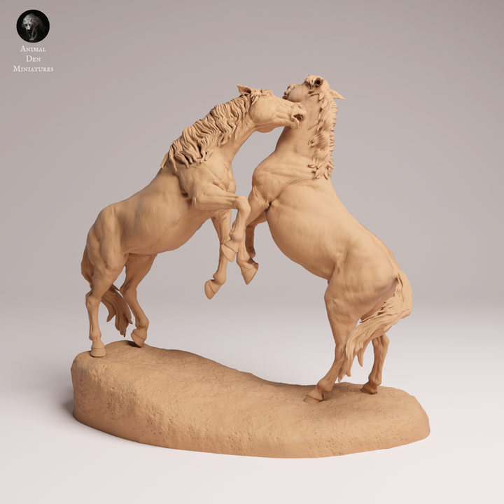 3D Printable Mustangs Fight - Horses by Animal Den Miniatures