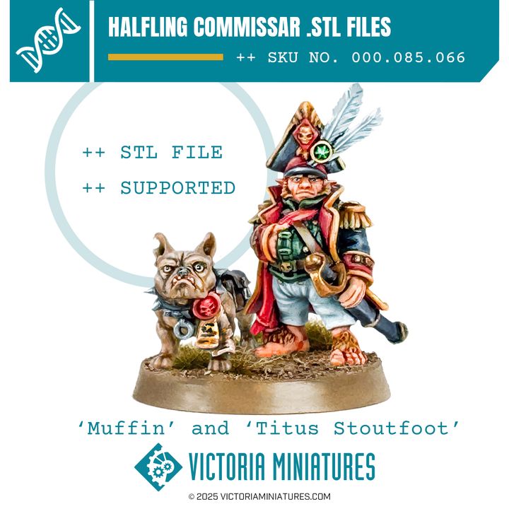 3D Printable Halfling Commissar and Dog .STL Download by Victoria