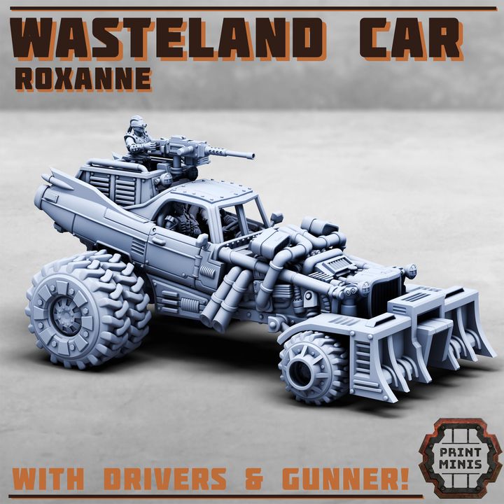 3D Printable Wasteland Race Car - Roxanne w/ Outcast Drivers by Print Minis